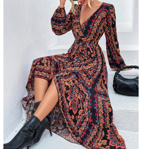 MODA ME COUTURE | Dresses | Western Boho Floral Lantern Sleeve Ruffle ...